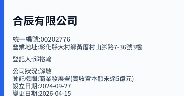 合辰有限公司的照片-統編 00202776(彰化縣) 公司登記資料與營業項目詳細圖表