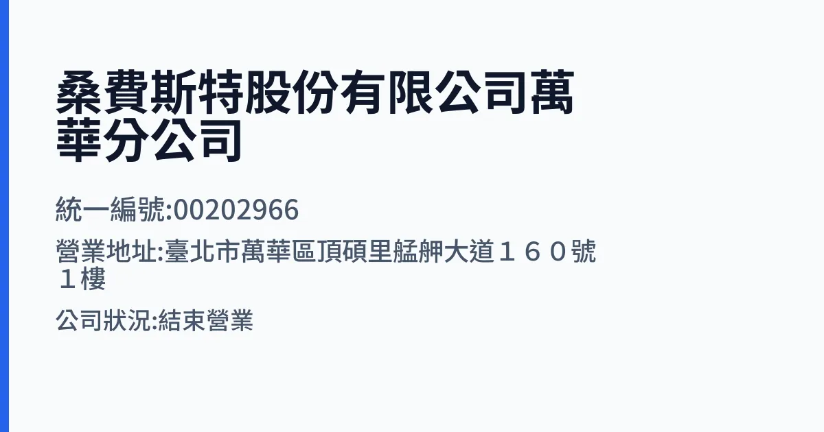 桑費斯特股份有限公司萬華分公司 - 統編 00202966（臺北市） 公司登記資料與營業項目詳細圖表