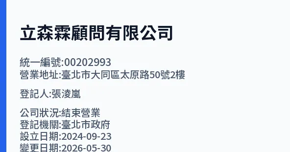 立森霖顧問有限公司的照片-統編 00202993(臺北市) 公司登記資料與營業項目詳細圖表