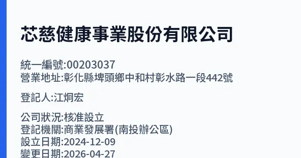 芯慈健康事業股份有限公司的照片-統編 00203037(彰化縣) 公司登記資料與營業項目詳細圖表