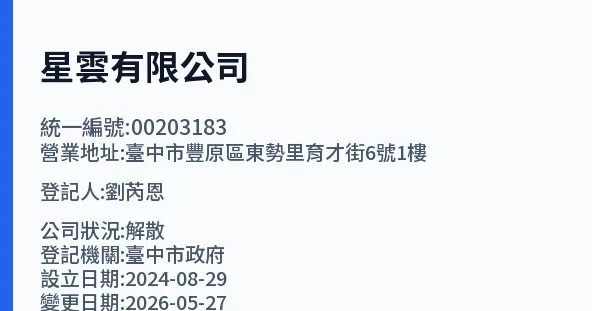 星雲有限公司的照片-統編 00203183(臺中市) 公司登記資料與營業項目詳細圖表