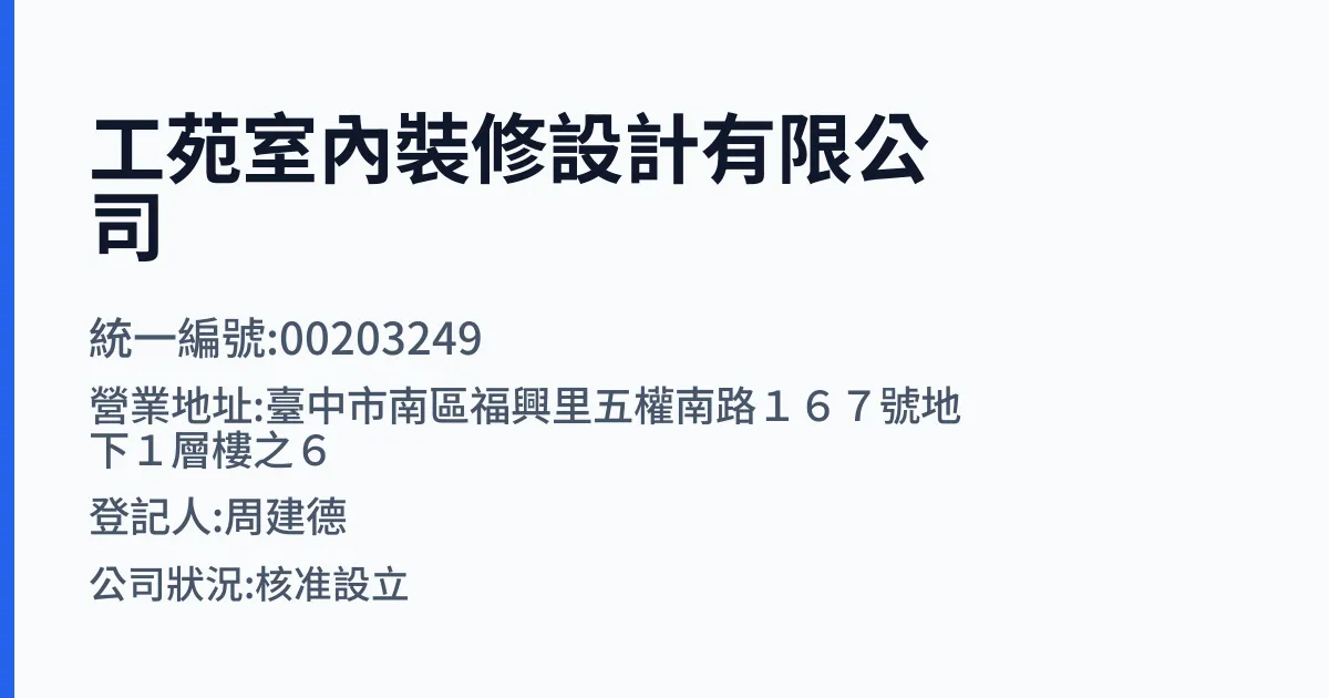 工苑室內裝修設計有限公司 - 統編 00203249(臺中市) 公司登記資料與營業項目詳細圖表