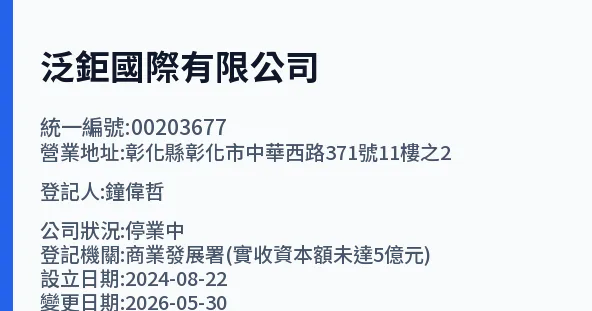 泛鉅國際有限公司的照片-統編 00203677(彰化縣) 公司登記資料與營業項目詳細圖表