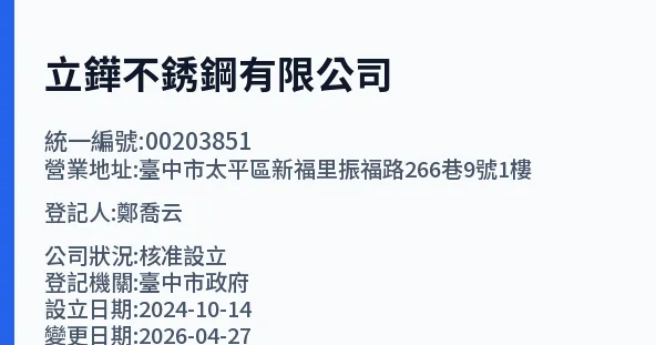 立鏵不銹鋼有限公司的照片-統編 00203851(臺中市) 公司登記資料與營業項目詳細圖表