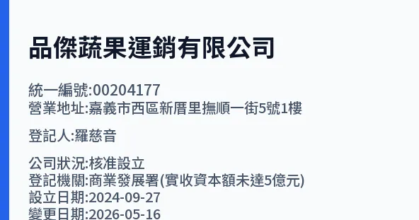 品傑蔬果運銷有限公司的照片-統編 00204177(嘉義市) 公司登記資料與營業項目詳細圖表