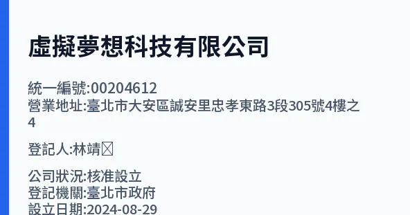 虛擬夢想科技有限公司的照片-統編 00204612(臺北市) 公司登記資料與營業項目詳細圖表