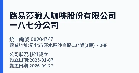 路易莎職人咖啡股份有限公司一八七分公司的照片-統編 00204747(新北市) 公司登記資料與營業項目詳細圖表