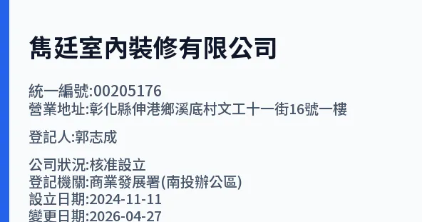 雋廷室內裝修有限公司的照片-統編 00205176(彰化縣) 公司登記資料與營業項目詳細圖表