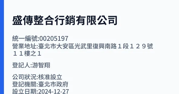 盛傳整合行銷有限公司的照片-統編 00205197(臺北市) 公司登記資料與營業項目詳細圖表