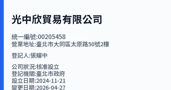 光中欣貿易有限公司的照片-統編 00205458(臺北市) 公司登記資料與營業項目詳細圖表