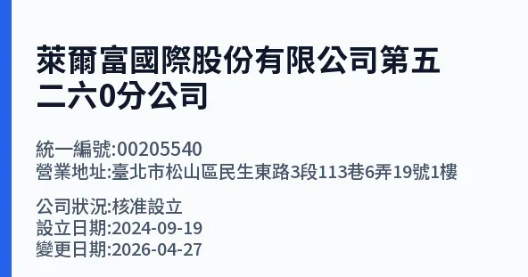 萊爾富國際股份有限公司第五二六0分公司的照片-統編 00205540(臺北市) 公司登記資料與營業項目詳細圖表