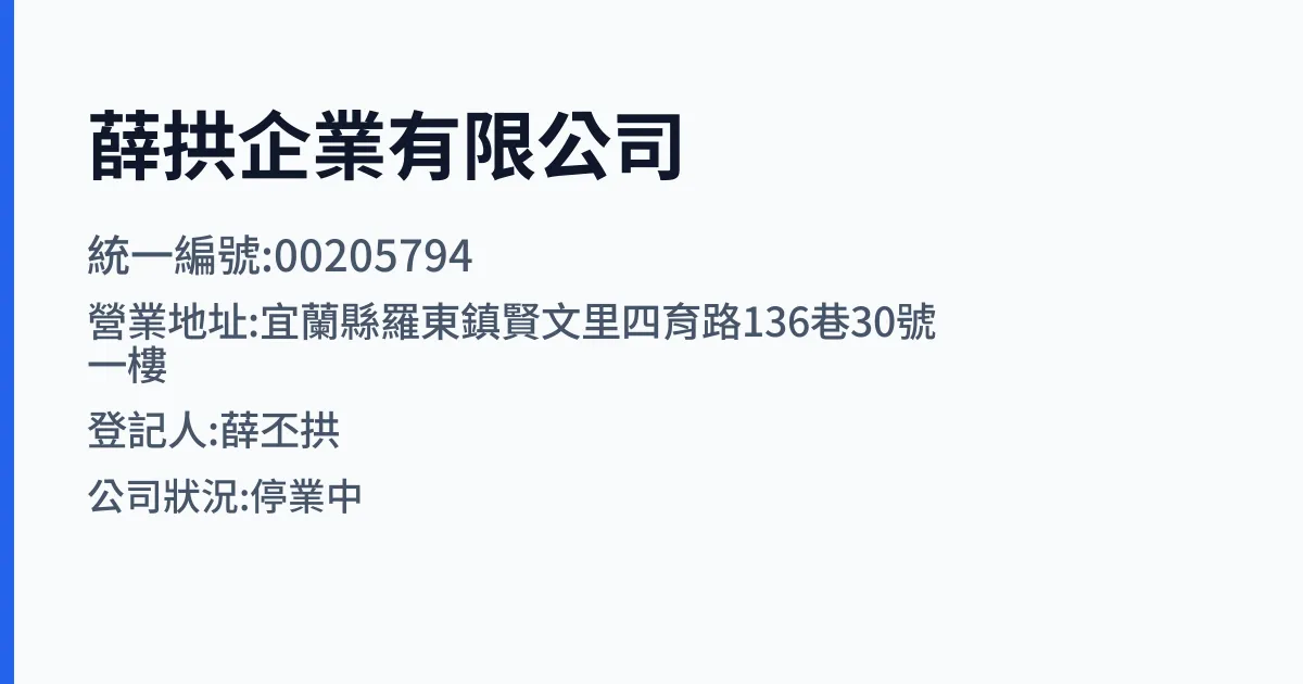 薛拱企業有限公司 - 統編 00205794(宜蘭縣) 公司登記資料與營業項目詳細圖表