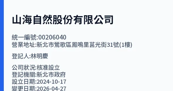 山海自然股份有限公司的照片-統編 00206040(新北市) 公司登記資料與營業項目詳細圖表