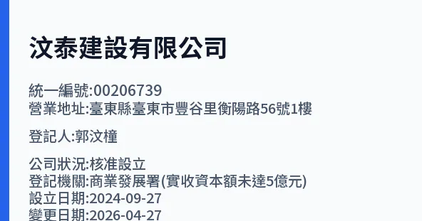 汶泰建設有限公司的照片-統編 00206739(臺東縣) 公司登記資料與營業項目詳細圖表