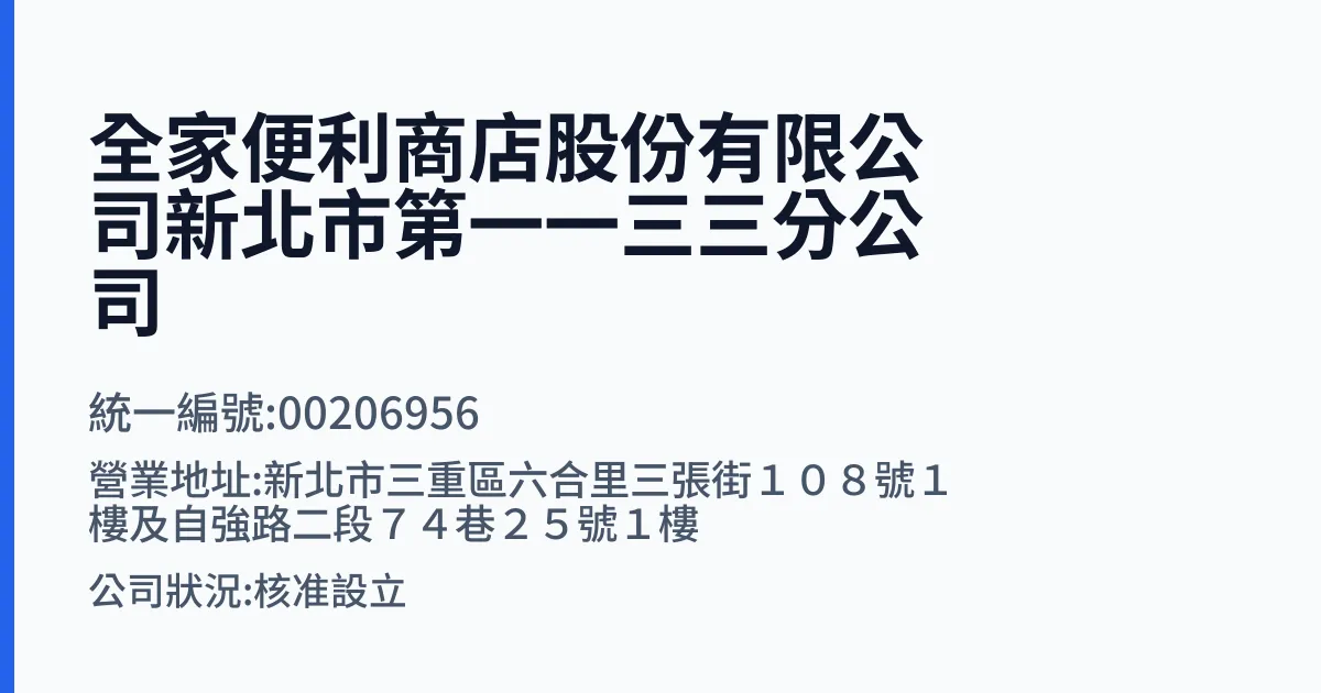 全家便利商店股份有限公司新北市第一一三三分公司 - 統編 00206956(新北市) 公司登記資料與營業項目詳細圖表