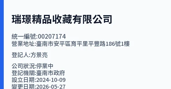 瑞璟精品收藏有限公司的照片-統編 00207174(臺南市) 公司登記資料與營業項目詳細圖表