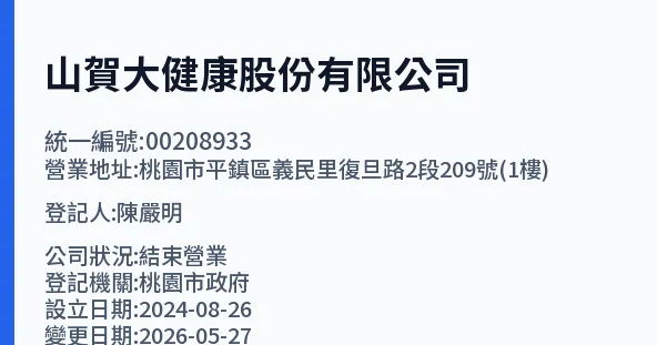 山賀大健康股份有限公司的照片-統編 00208933(桃園市) 公司登記資料與營業項目詳細圖表