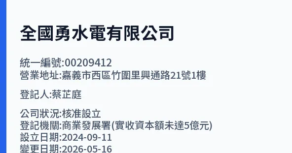 全國勇水電有限公司的照片-統編 00209412(嘉義市) 公司登記資料與營業項目詳細圖表