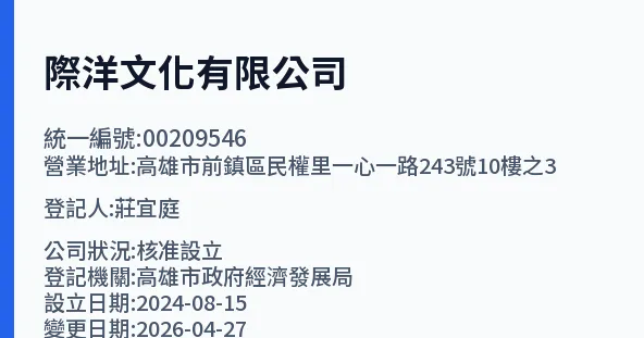 際洋文化有限公司的照片-統編 00209546(高雄市) 公司登記資料與營業項目詳細圖表