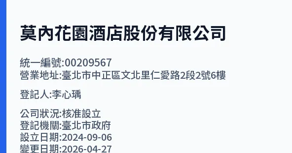 莫內花園酒店股份有限公司的照片-統編 00209567(臺北市) 公司登記資料與營業項目詳細圖表