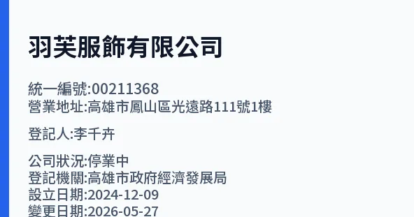 羽芙服飾有限公司的照片-統編 00211368(高雄市) 公司登記資料與營業項目詳細圖表