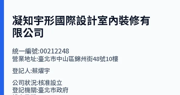 凝知宇形國際設計室內裝修有限公司的照片-統編 00212248(臺北市) 公司登記資料與營業項目詳細圖表