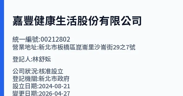 嘉豐健康生活股份有限公司的照片-統編 00212802(新北市) 公司登記資料與營業項目詳細圖表