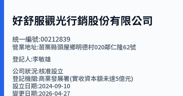 好舒服觀光行銷股份有限公司的照片-統編 00212839(苗栗縣) 公司登記資料與營業項目詳細圖表