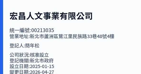 宏昌人文事業有限公司的照片-統編 00213035(新北市) 公司登記資料與營業項目詳細圖表
