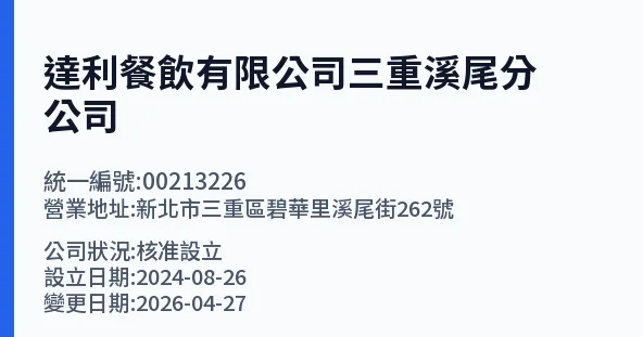 達利餐飲有限公司三重溪尾分公司的照片-統編 00213226(新北市) 公司登記資料與營業項目詳細圖表
