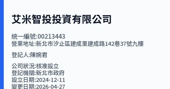 艾米智投投資有限公司的照片-統編 00213443(新北市) 公司登記資料與營業項目詳細圖表