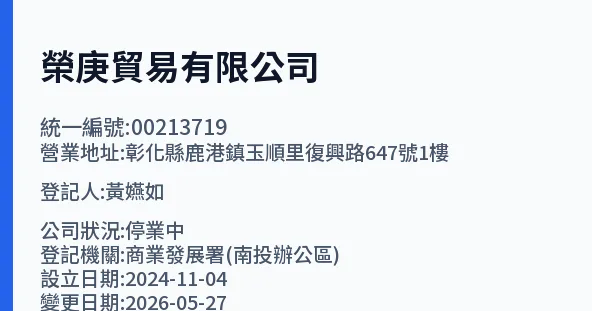 榮庚貿易有限公司的照片-統編 00213719(彰化縣) 公司登記資料與營業項目詳細圖表