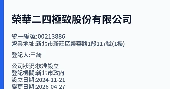 榮華二四極致股份有限公司的照片-統編 00213886(新北市) 公司登記資料與營業項目詳細圖表