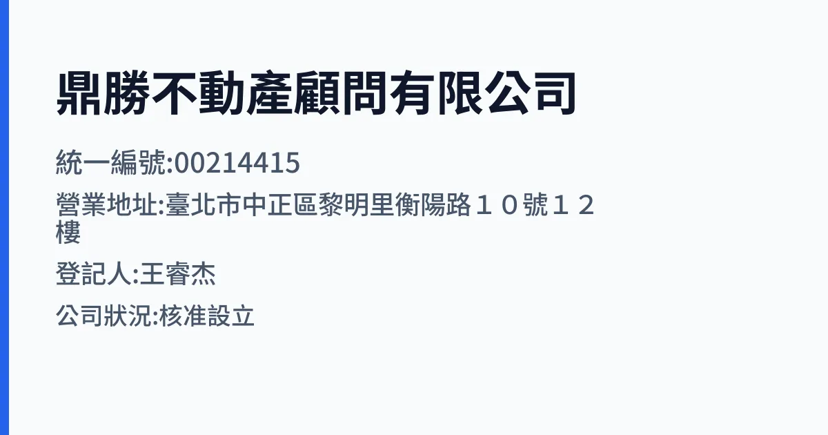 鼎勝不動產顧問有限公司 - 統編 00214415(臺北市) 公司登記資料與營業項目詳細圖表