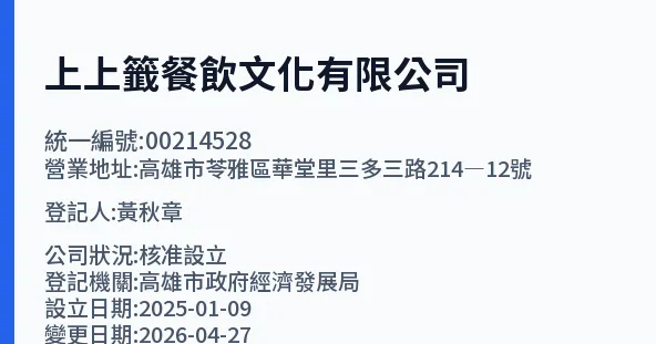 上上籤餐飲文化有限公司的照片-統編 00214528(高雄市) 公司登記資料與營業項目詳細圖表