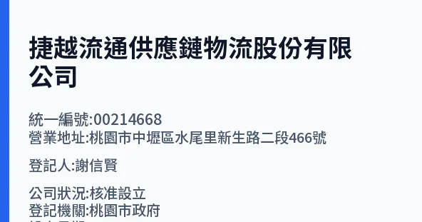 捷越流通供應鏈物流股份有限公司的照片-統編 00214668(桃園市) 公司登記資料與營業項目詳細圖表