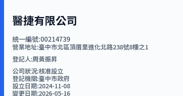 醫捷有限公司的照片-統編 00214739(臺中市) 公司登記資料與營業項目詳細圖表