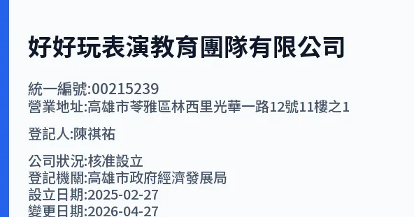 好好玩表演教育團隊有限公司的照片-統編 00215239(高雄市) 公司登記資料與營業項目詳細圖表
