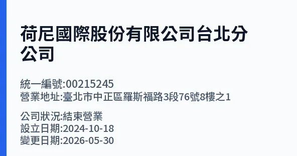 荷尼國際股份有限公司台北分公司的照片-統編 00215245(臺北市) 公司登記資料與營業項目詳細圖表