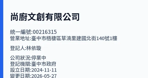 尚廚文創有限公司的照片-統編 00216315(臺中市) 公司登記資料與營業項目詳細圖表