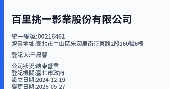 百里挑一影業股份有限公司的照片-統編 00216461(臺北市) 公司登記資料與營業項目詳細圖表