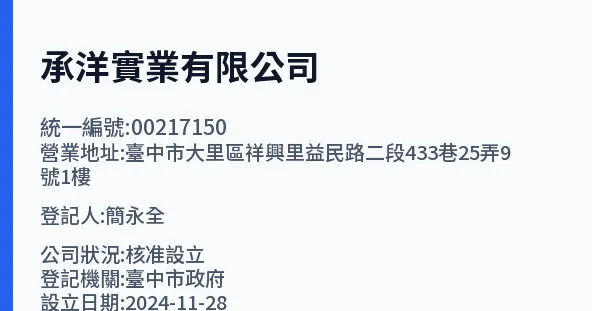 承洋實業有限公司的照片-統編 00217150(臺中市) 公司登記資料與營業項目詳細圖表