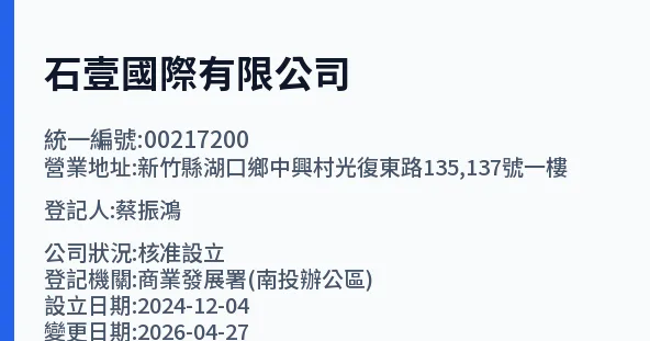 石壹國際有限公司的照片-統編 00217200(新竹縣) 公司登記資料與營業項目詳細圖表