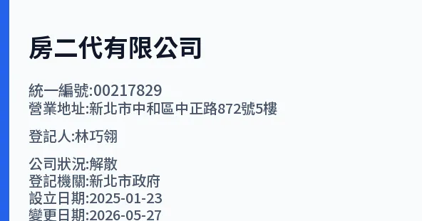 房二代有限公司的照片-統編 00217829(新北市) 公司登記資料與營業項目詳細圖表