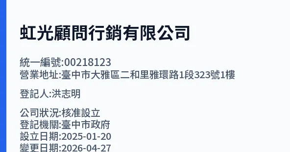 虹光顧問行銷有限公司的照片-統編 00218123(臺中市) 公司登記資料與營業項目詳細圖表