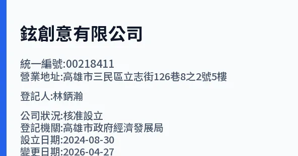 鉉創意有限公司的照片-統編 00218411(高雄市) 公司登記資料與營業項目詳細圖表