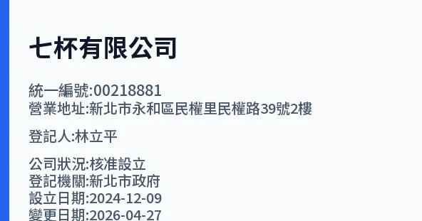 七杯有限公司的照片-統編 00218881(新北市) 公司登記資料與營業項目詳細圖表
