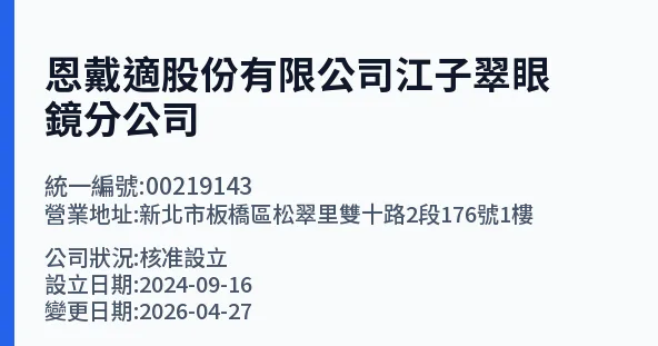 恩戴適股份有限公司江子翠眼鏡分公司的照片-統編 00219143(新北市) 公司登記資料與營業項目詳細圖表