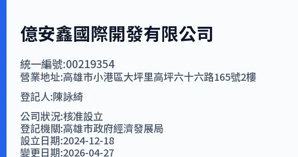 億安鑫國際開發有限公司的照片-統編 00219354(高雄市) 公司登記資料與營業項目詳細圖表