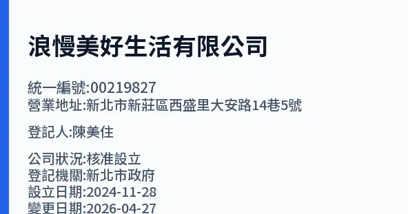 浪慢美好生活有限公司的照片-統編 00219827(新北市) 公司登記資料與營業項目詳細圖表